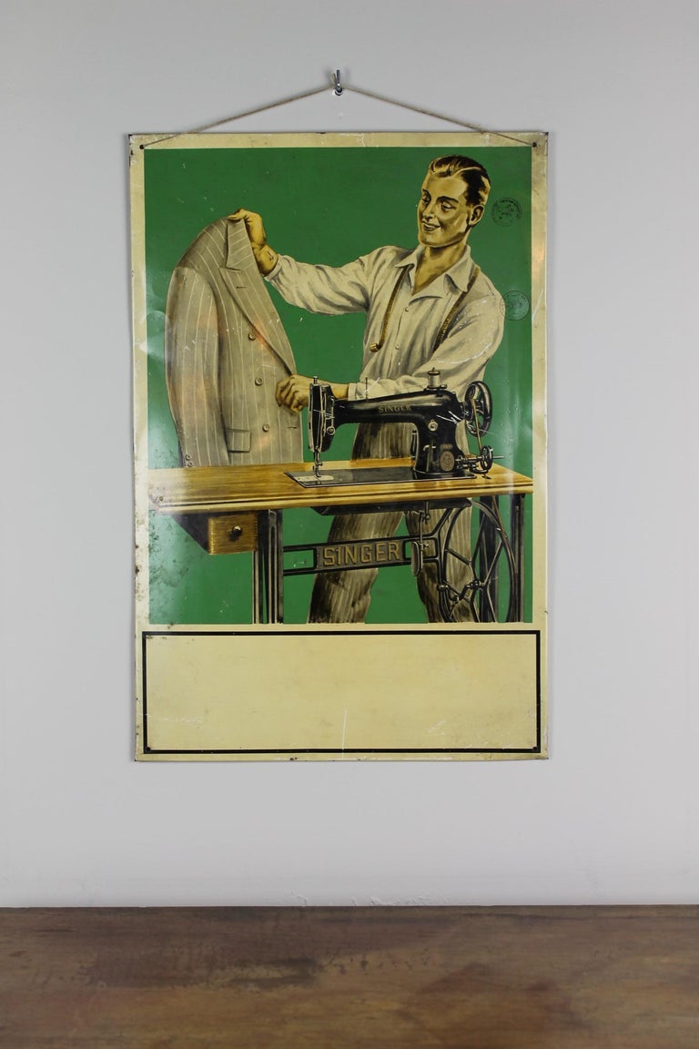 Tin Singer Sign with Tailor and Singer Sewing Machine, 1930s For Sale ...