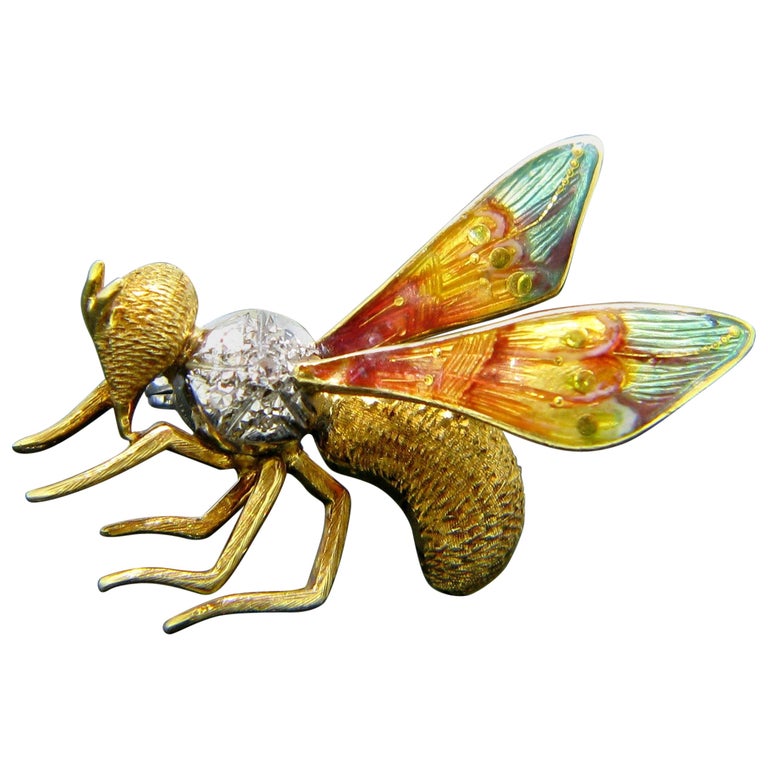 Vintage Single Cut Diamonds Enamel Wasp Yellow White Gold Brooch at 1stDibs