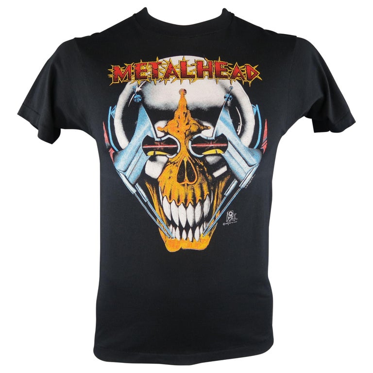 VINTAGE Size M Black Metal Head Rock 80s Graphic Cotton / Polyester T ...