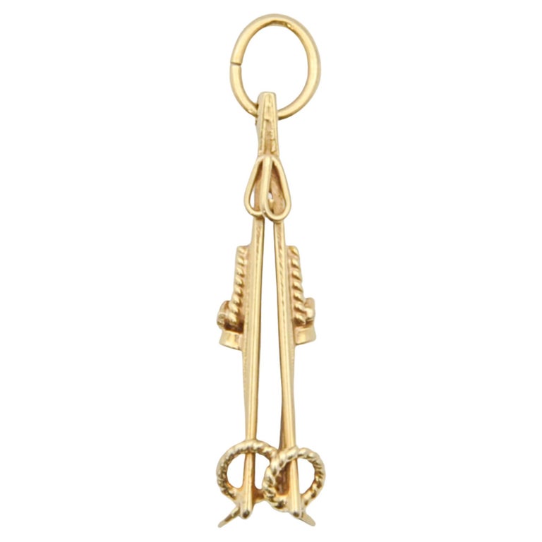 Vintage Skis with Poles 14K Gold Charm Pendant For Sale at 1stDibs