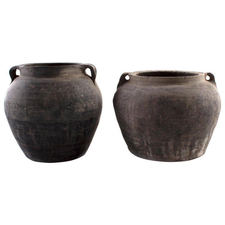 Vintage Small Dusty Gray Pot with Handles For Sale at 1stDibs