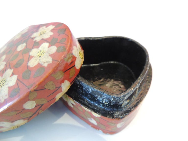 Vintage Small Orange Lacquered Hand Painted Heart Shape Thinker Box For ...