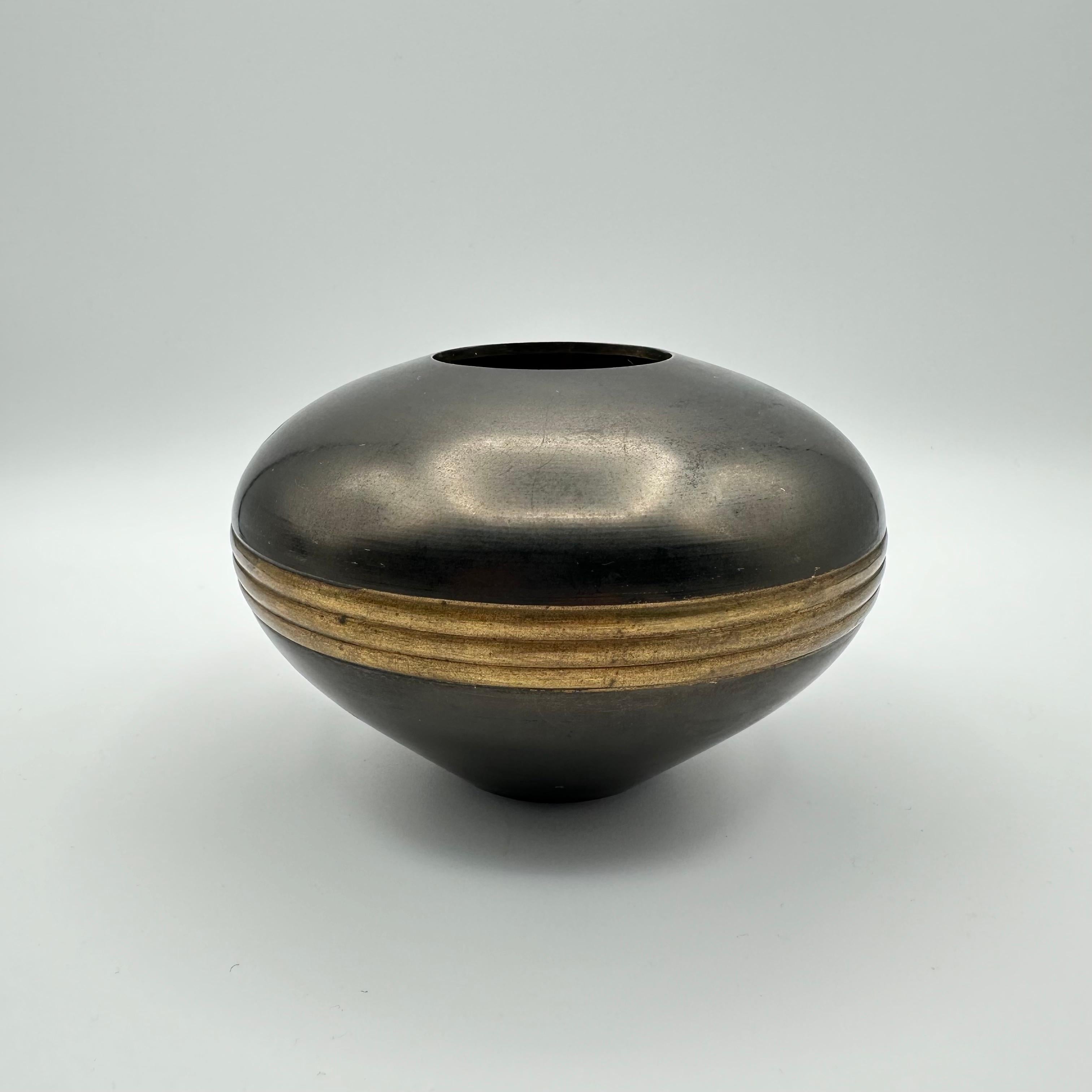 Vintage Small Round Two Tone Metal Art Deco Style Vase For Sale at 1stDibs