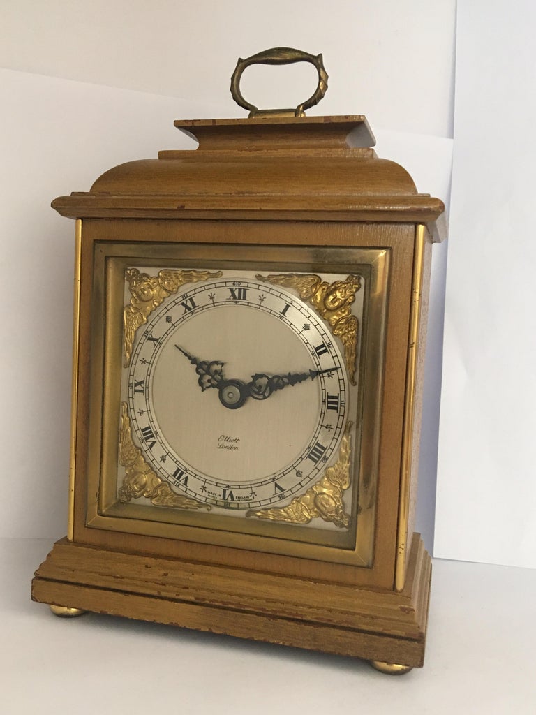 Vintage Small Wooden Elliot London Mantel Clock For Sale at 1stDibs