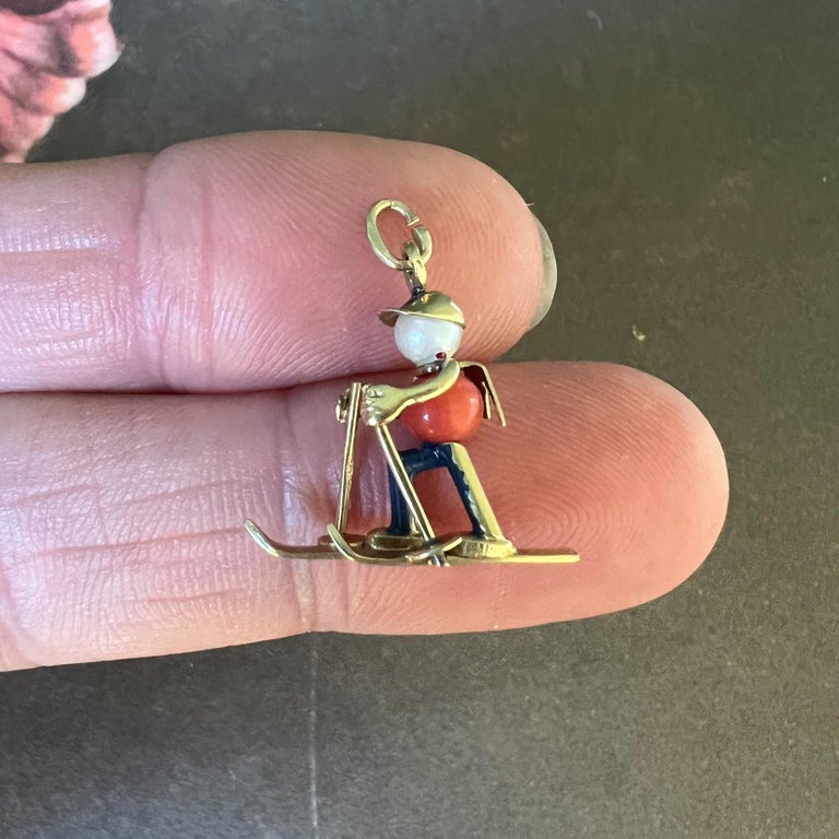 Vintage Snow Skier and 14 Karat Gold Charm Pendant For Sale at 1stDibs