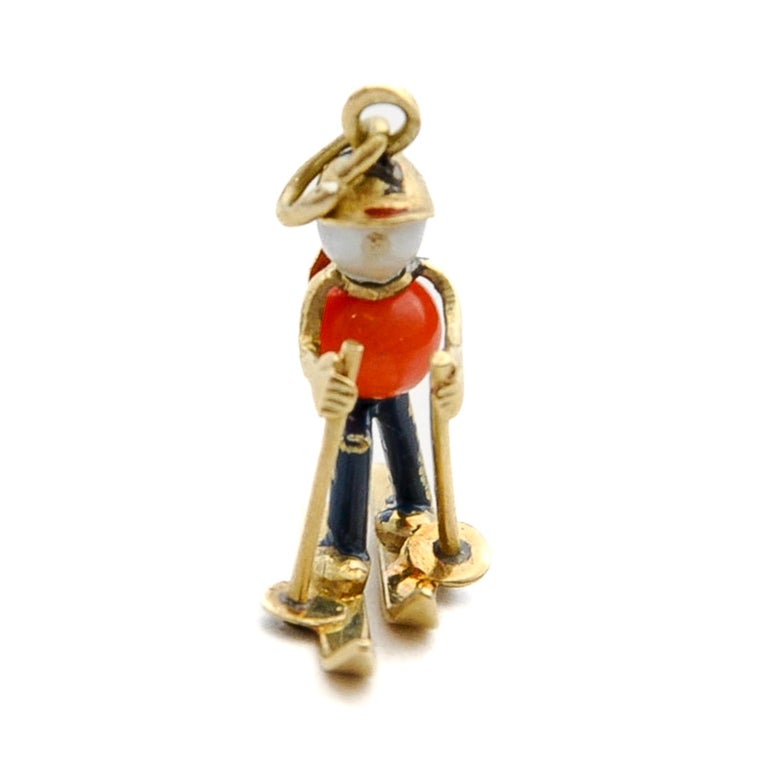 Vintage Snow Skier and 14 Karat Gold Charm Pendant For Sale at 1stDibs
