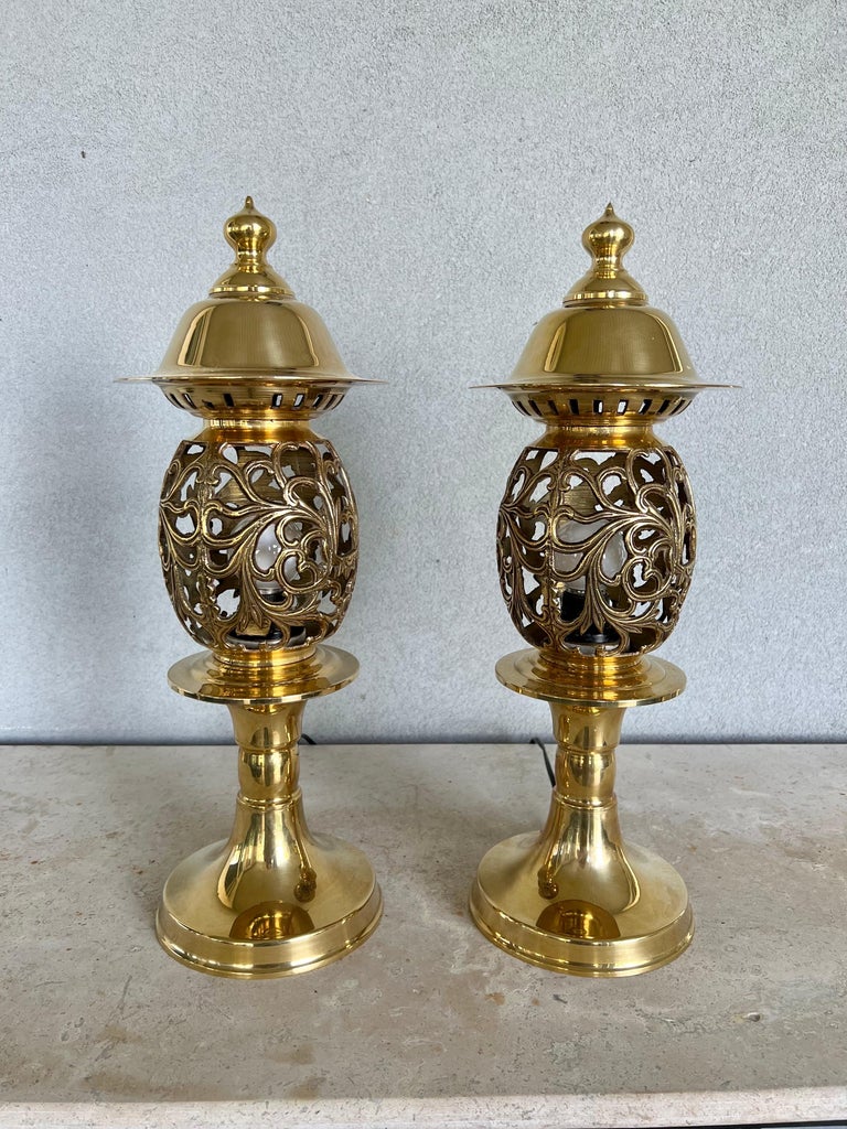 Vintage Solid Brass Scroll Table Lamps-A Pair For Sale at 1stDibs