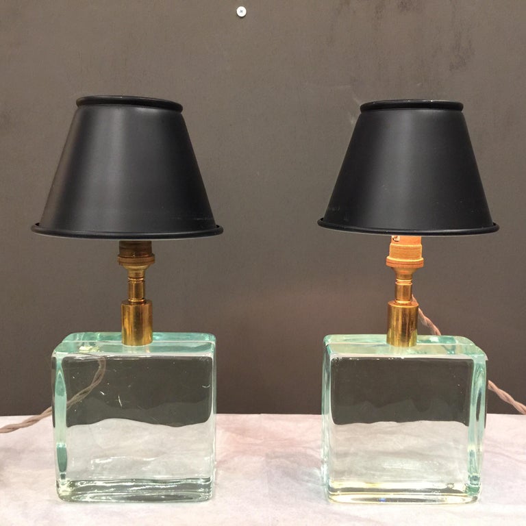 Vintage Solid Green Glass Brick Table Lamps, Pair For Sale at 1stDibs
