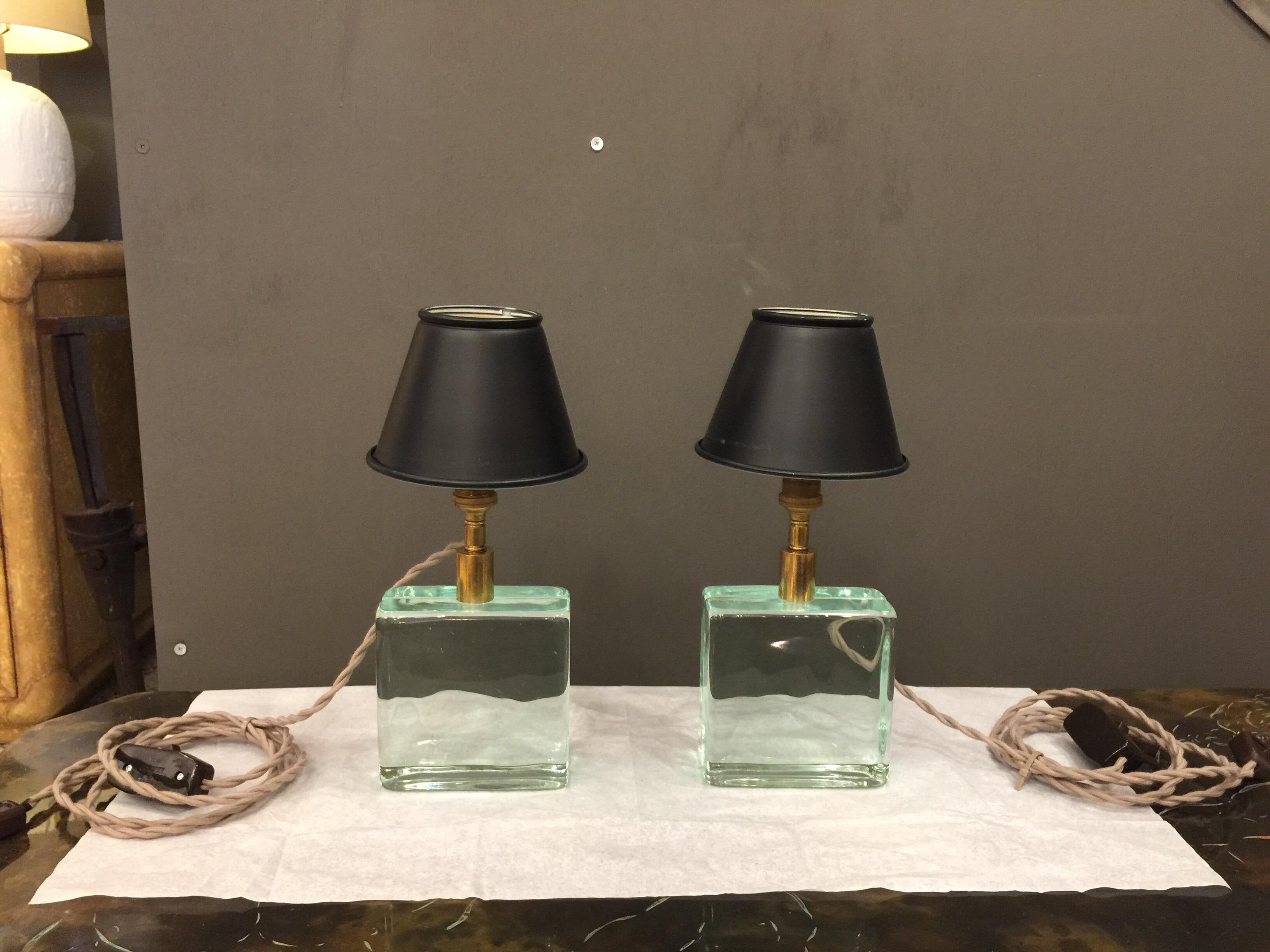 Vintage Solid Green Glass Brick Table Lamps, Pair For Sale at 1stDibs ...