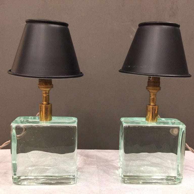 Vintage Solid Green Glass Brick Table Lamps, Pair For Sale at 1stDibs