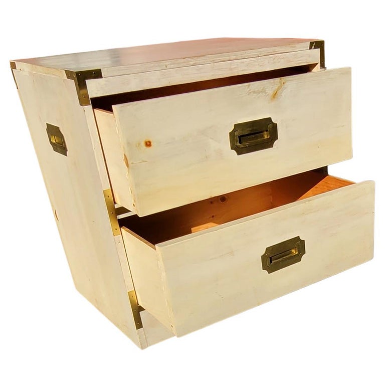 Vintage Solid Pine Antiqued Whitewash Bedside Campaign Chest of Drawers ...
