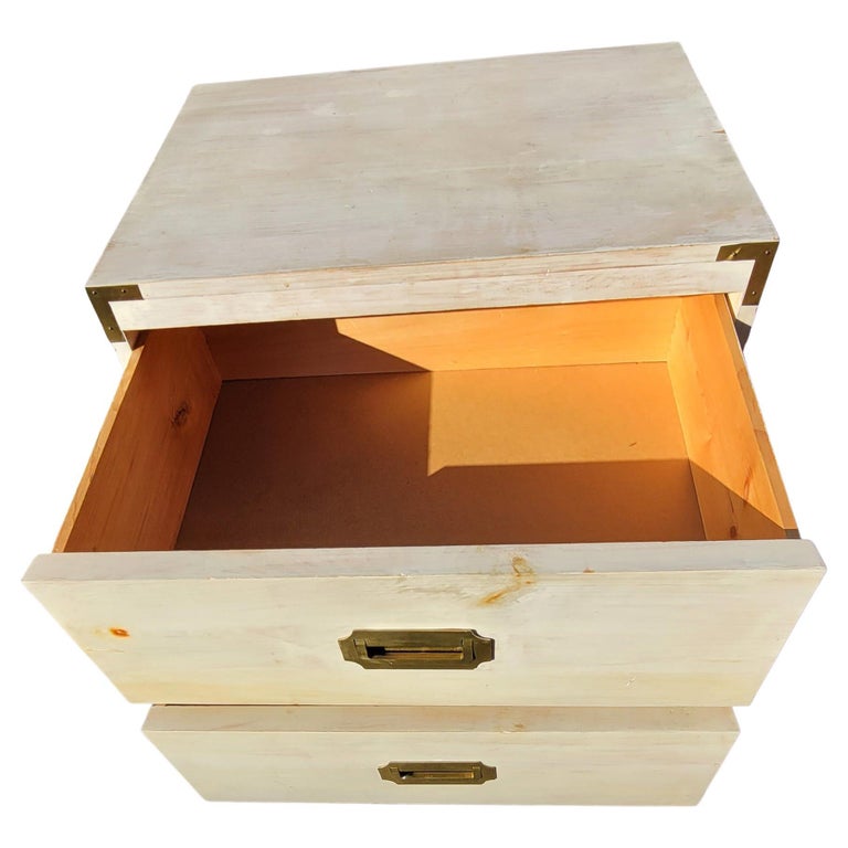 Vintage Solid Pine Antiqued Whitewash Bedside Campaign Chest of Drawers ...
