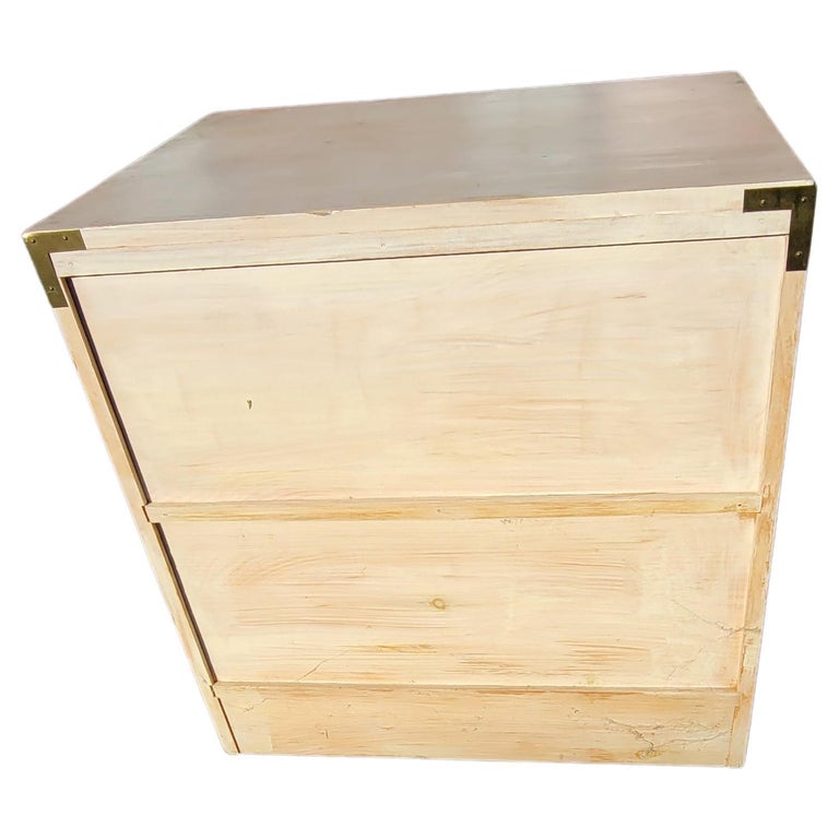 Vintage Solid Pine Antiqued Whitewash Bedside Campaign Chest of Drawers ...