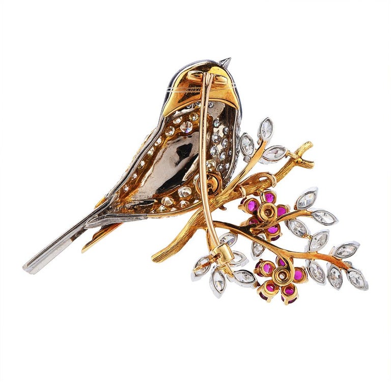 Vintage Song Bird on Tree branch Diamond Ruby Platinum Pin Brooch at ...