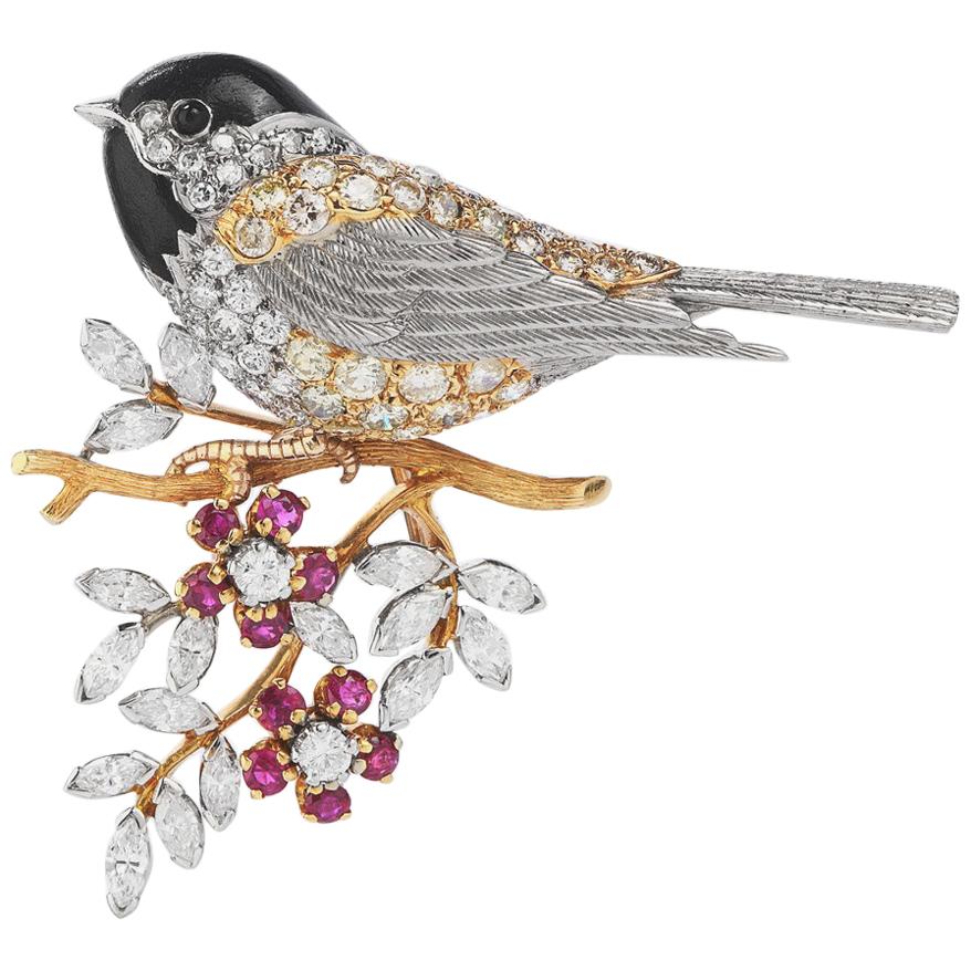 Vintage Song Bird on Tree branch Diamond Ruby Platinum Pin Brooch at ...
