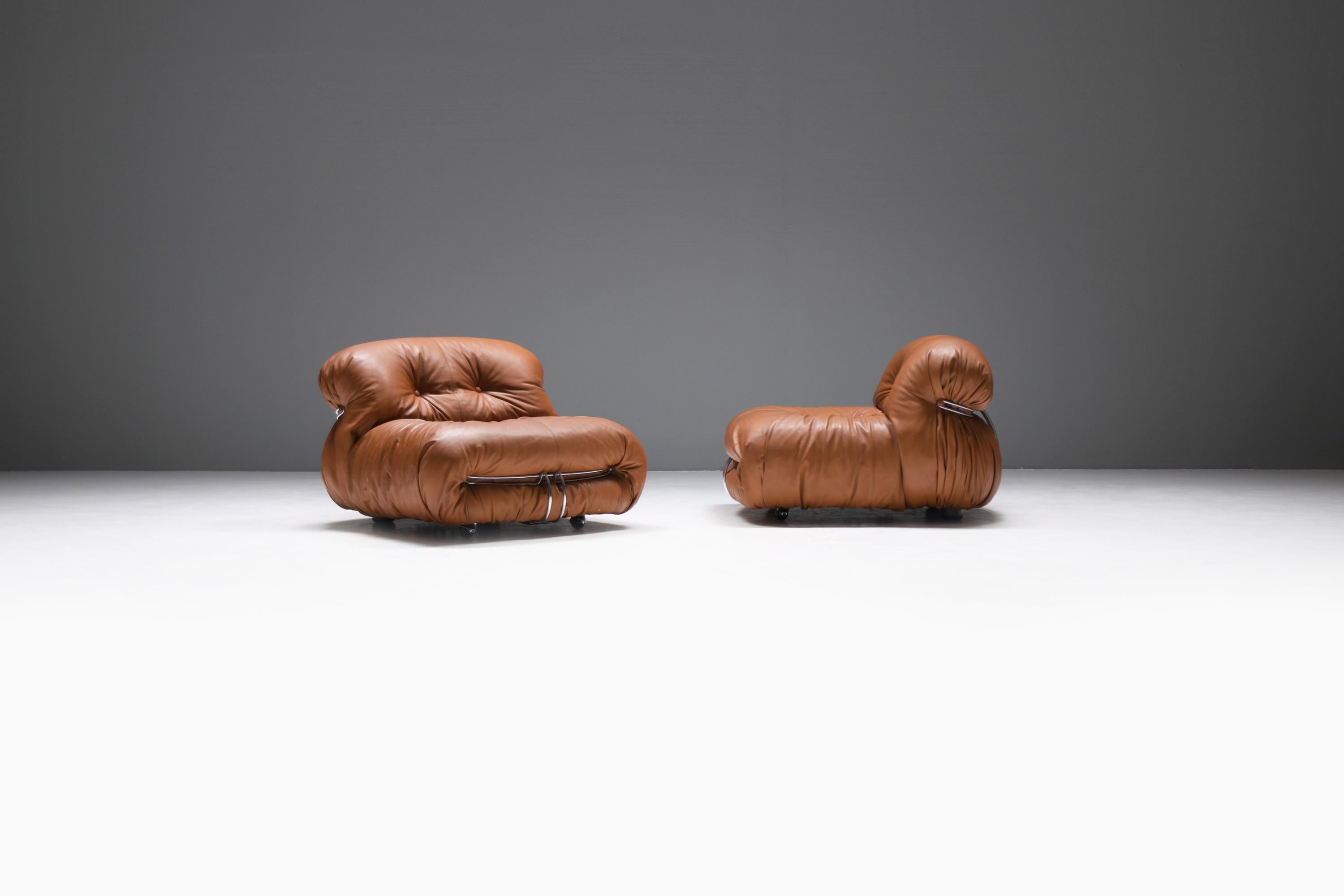 Vintage Soriana set in cognac leather by Afra e Tobia Scarpa for Cassina Italy For Sale at 1stDibs