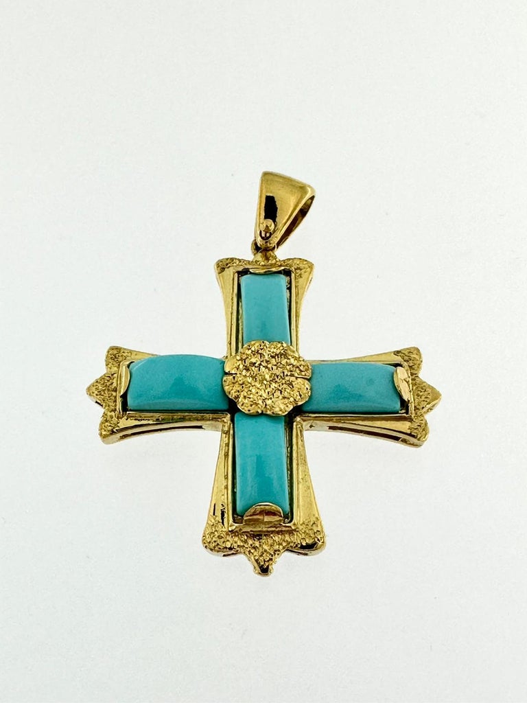 Vintage Spanish Cross 18 Karat Yellow Gold and Turquoise For Sale at ...