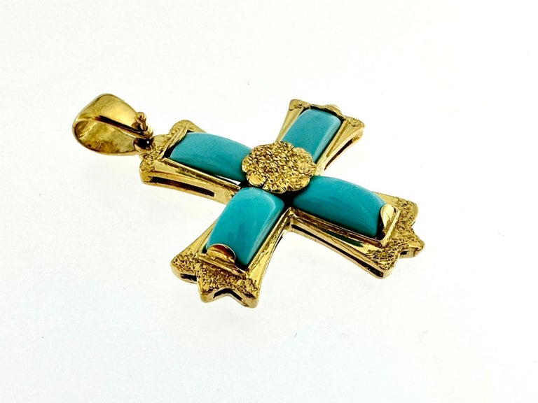 Vintage Spanish Cross 18 Karat Yellow Gold and Turquoise For Sale at ...