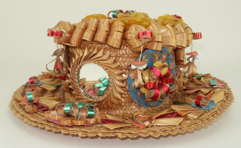 Vintage Spanish Folkloric Straw Hat With Mirror Decoration For Sale at ...
