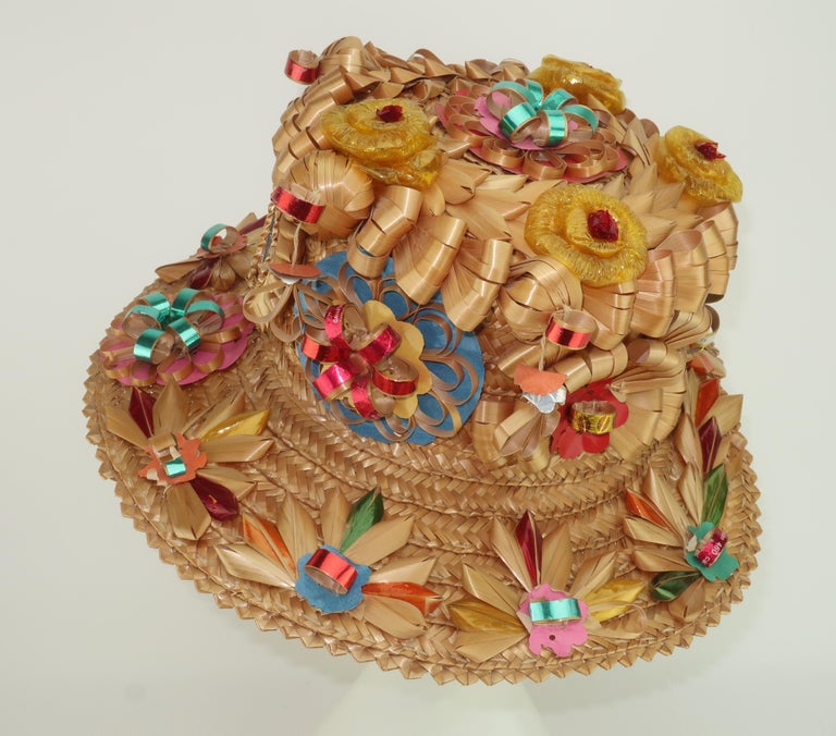 Vintage Spanish Folkloric Straw Hat With Mirror Decoration For Sale at ...