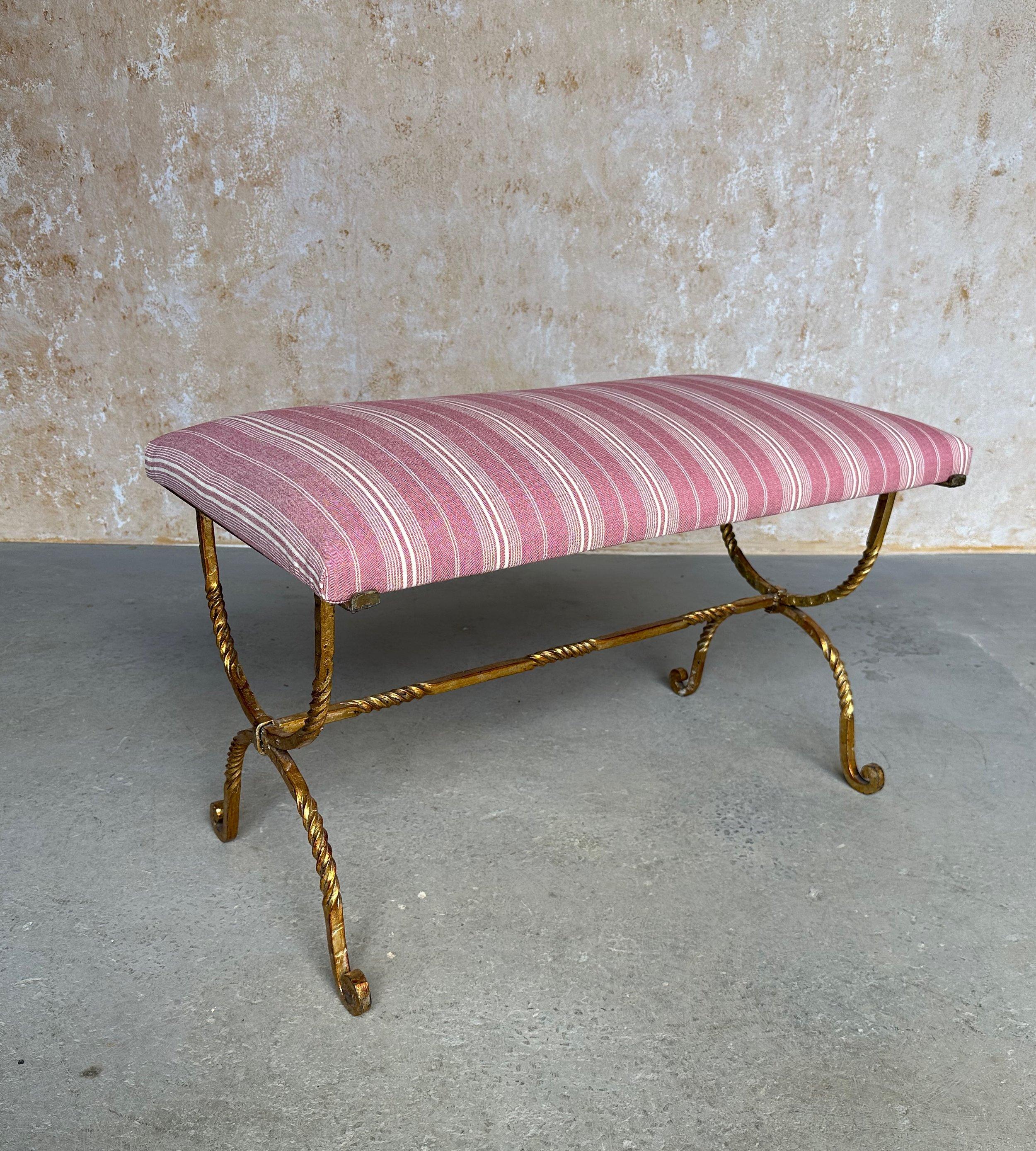 Vintage Spanish Gilt Iron Bench with Twisted Frame For Sale at 1stDibs