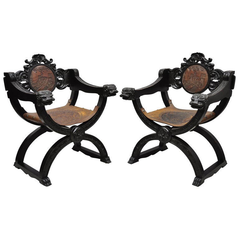 Vintage Spanish Renaissance Leather Lion Carved Savonarola Throne Chair ...