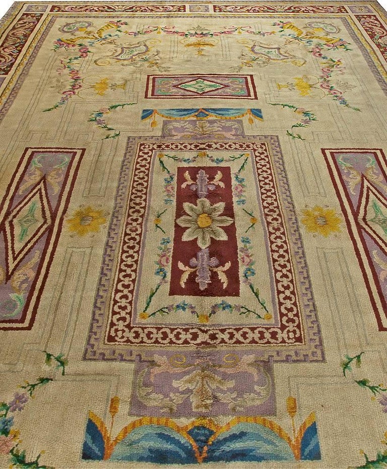 Vintage Spanish Savonnerie Botanic Handmade Wool Rug For Sale at 1stDibs
