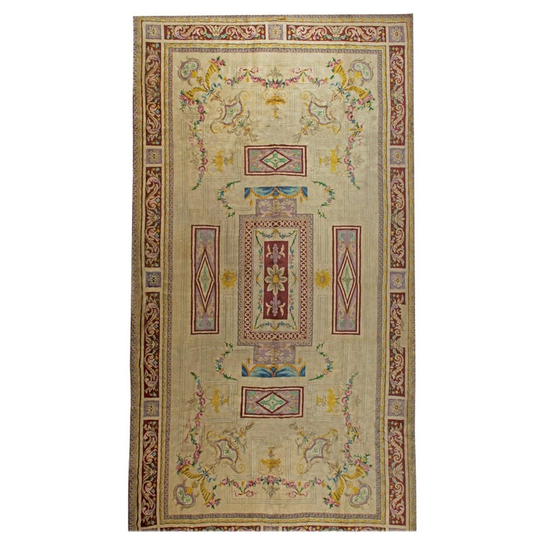 Vintage Spanish Savonnerie Botanic Handmade Wool Rug For Sale at 1stDibs