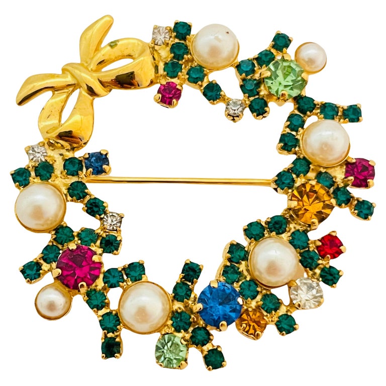 Vintage SPHINX gold pearl rhinestone wreath brooch designer at 1stDibs