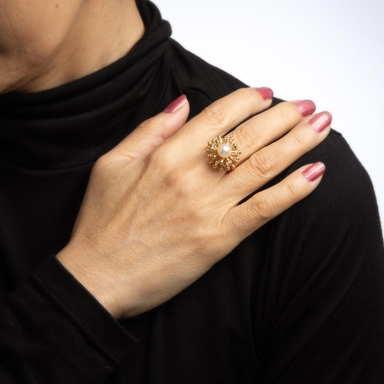 Vintage Sputnik Ring Cultured Pearl 14k Yellow Gold Estate Fine Jewelry For Sale at 1stDibs