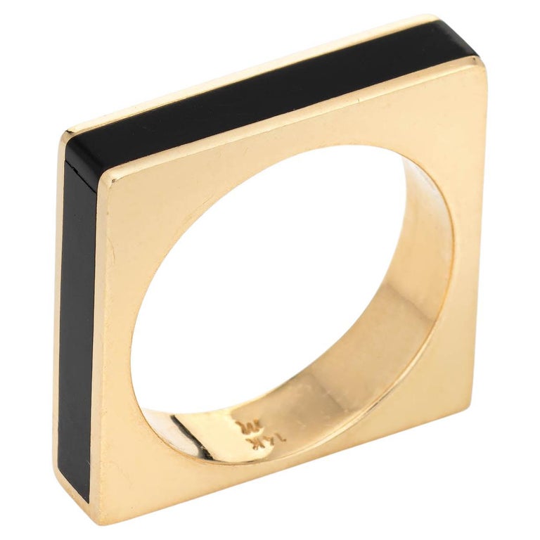 Vintage Square Ring 14k Yellow Gold Geometric Stacking Band Black Onyx ...