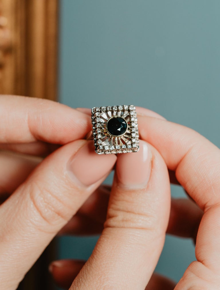 Vintage Square Sapphire and Diamond Ring, Square Sapphire Cocktail Ring ...