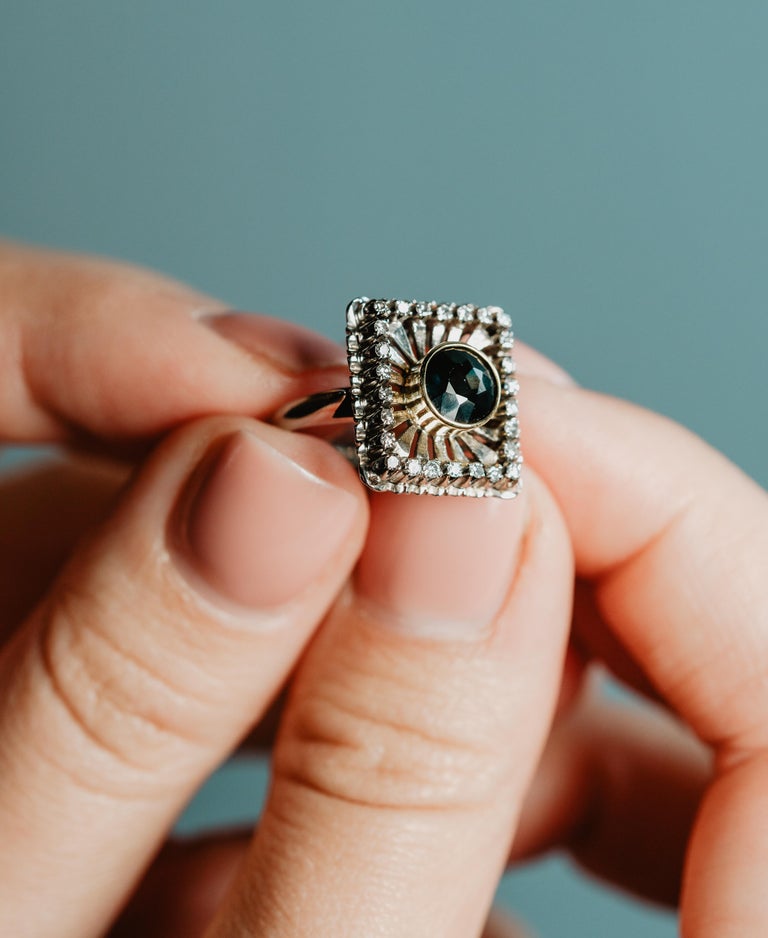 Vintage Square Sapphire and Diamond Ring, Square Sapphire Cocktail Ring ...