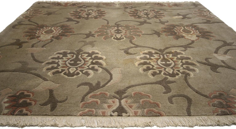 Vintage Square Tibetan Rug with Large-Scale Geometric Flower Pattern ...