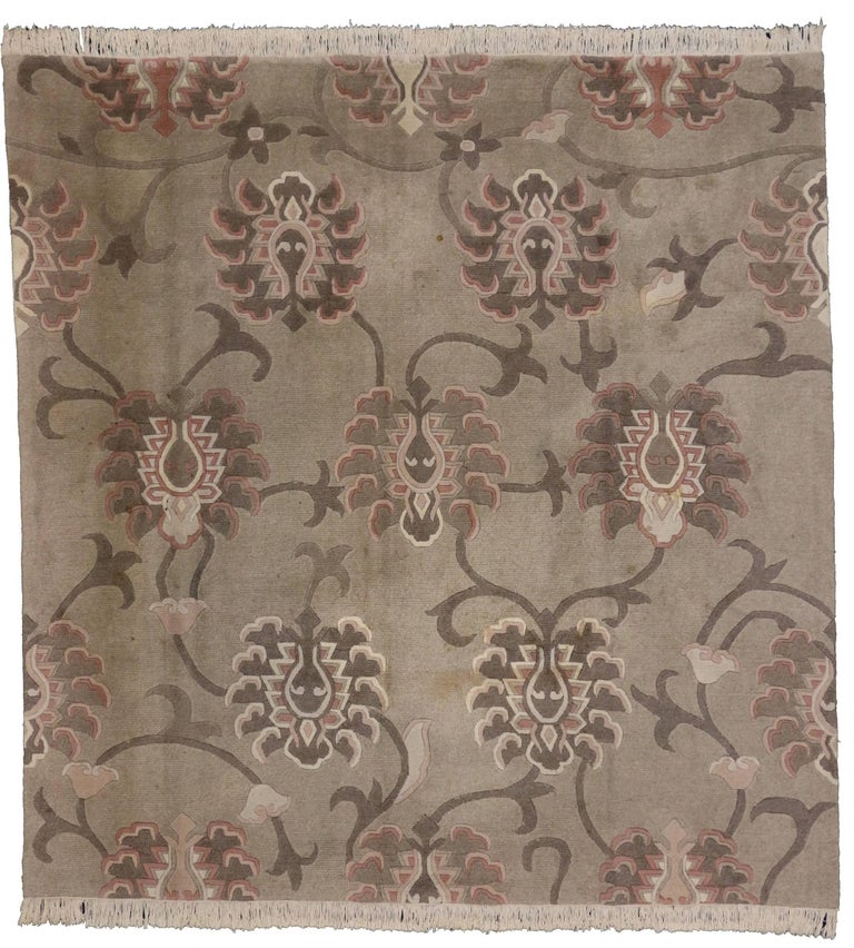 Vintage Square Tibetan Rug with Large-Scale Geometric Flower Pattern ...