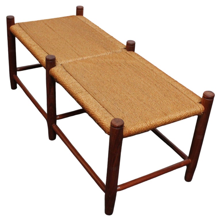 Vintage Stained Teak and Woven Rope Bench at 1stDibs