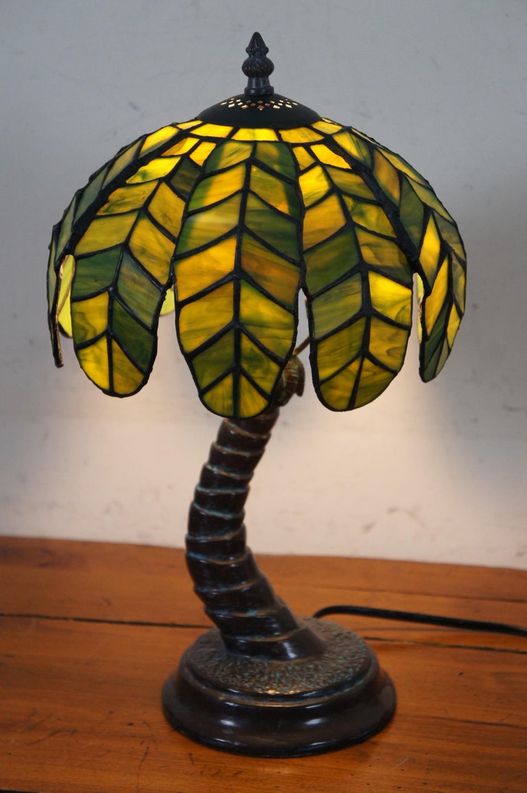 Vintage Stained Slag Glass Tropical Island Palm Tree Boudoir Table Lamp ...