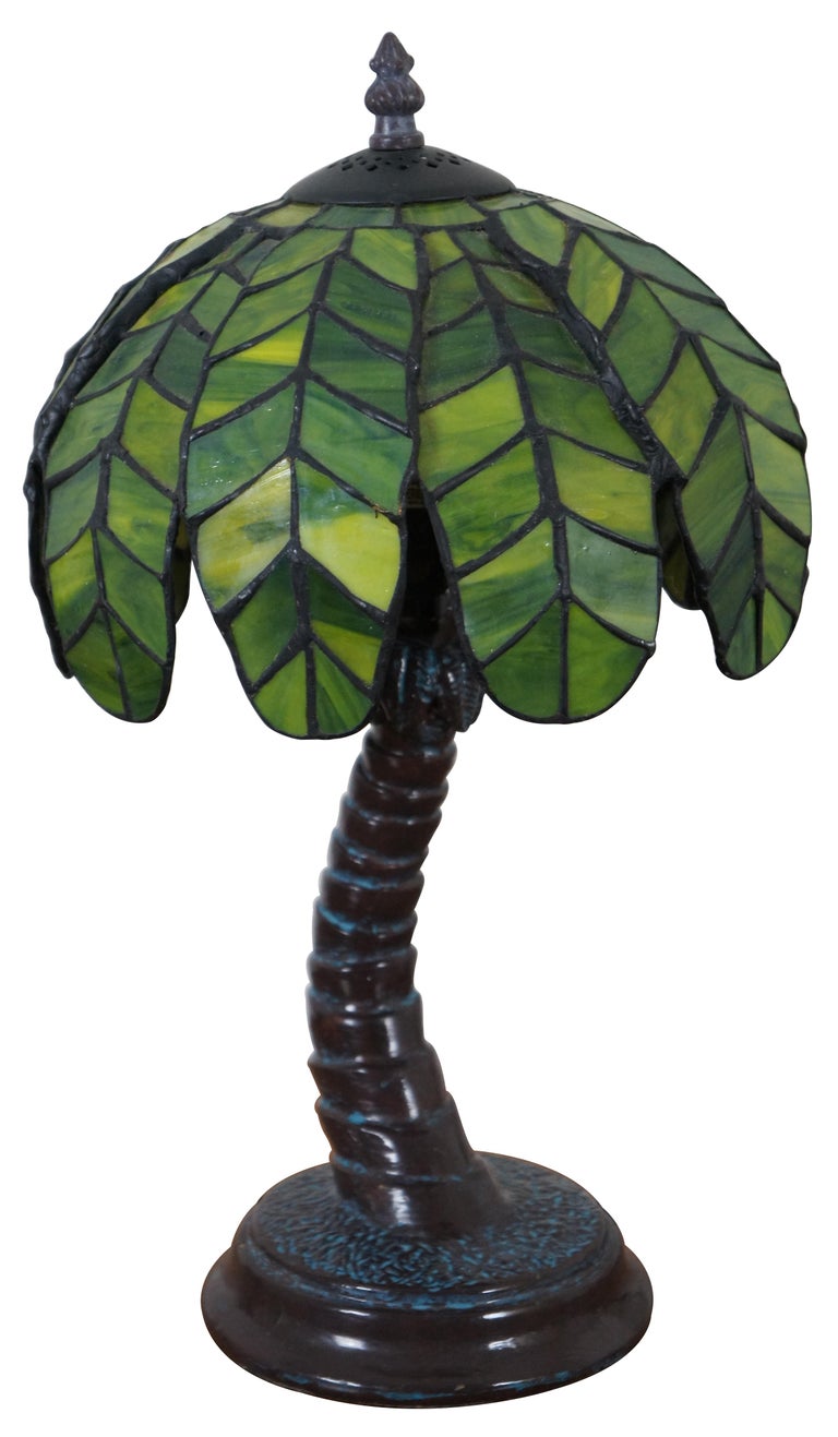 Vintage Stained Slag Glass Tropical Island Palm Tree Boudoir Table Lamp ...