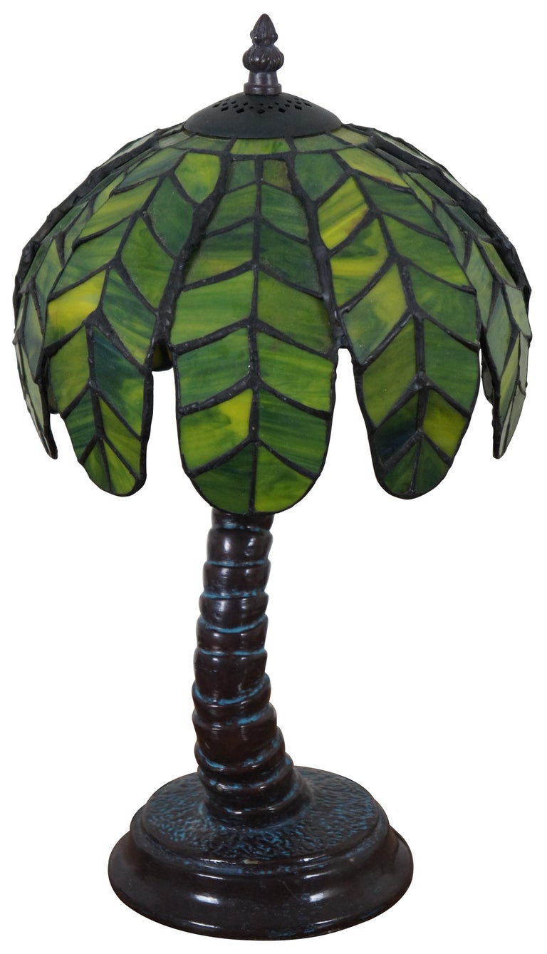 Vintage Stained Slag Glass Tropical Island Palm Tree Boudoir Table Lamp ...