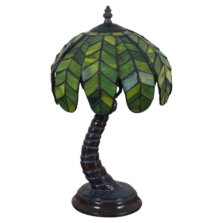 Vintage Stained Slag Glass Tropical Island Palm Tree Boudoir Table Lamp ...