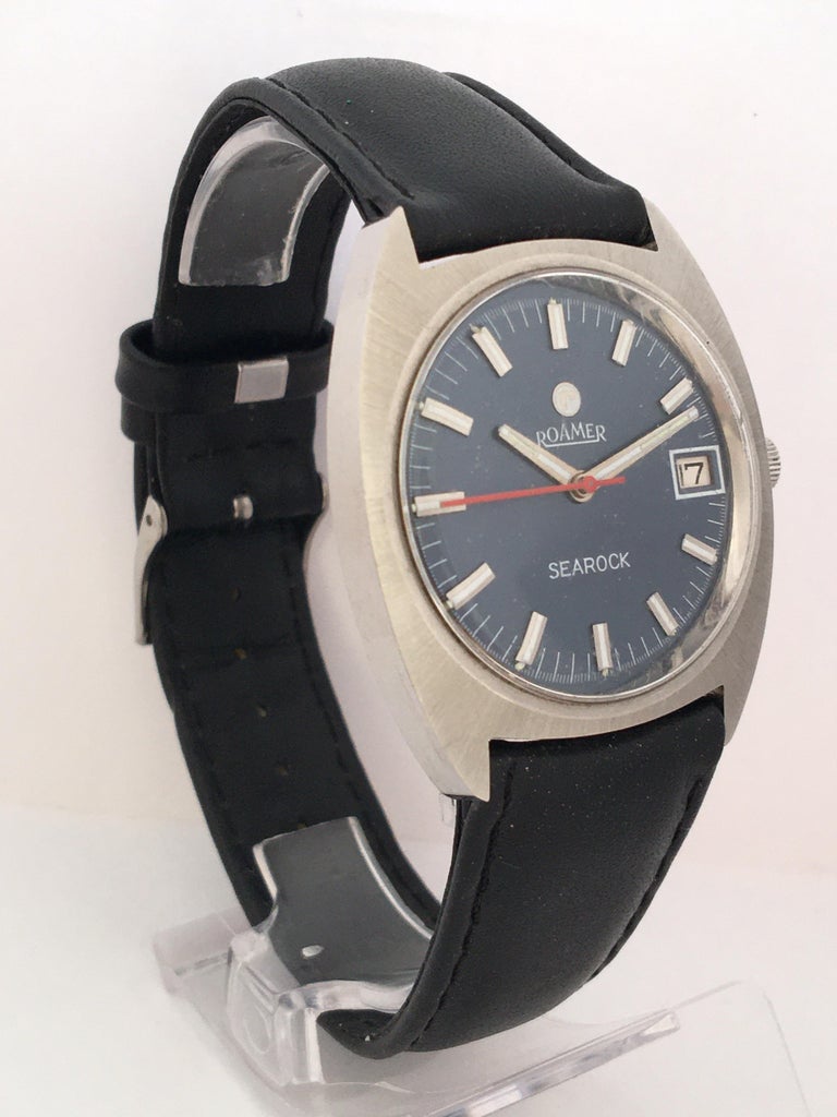 Vintage Stainless Steel Blue Dial Mechanical Roamer Searock Watch at ...