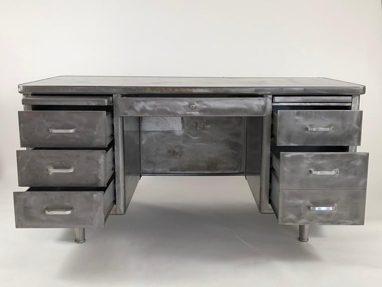 Vintage Steelcase Tanker Desk with Brushed Steel Surface at 1stDibs