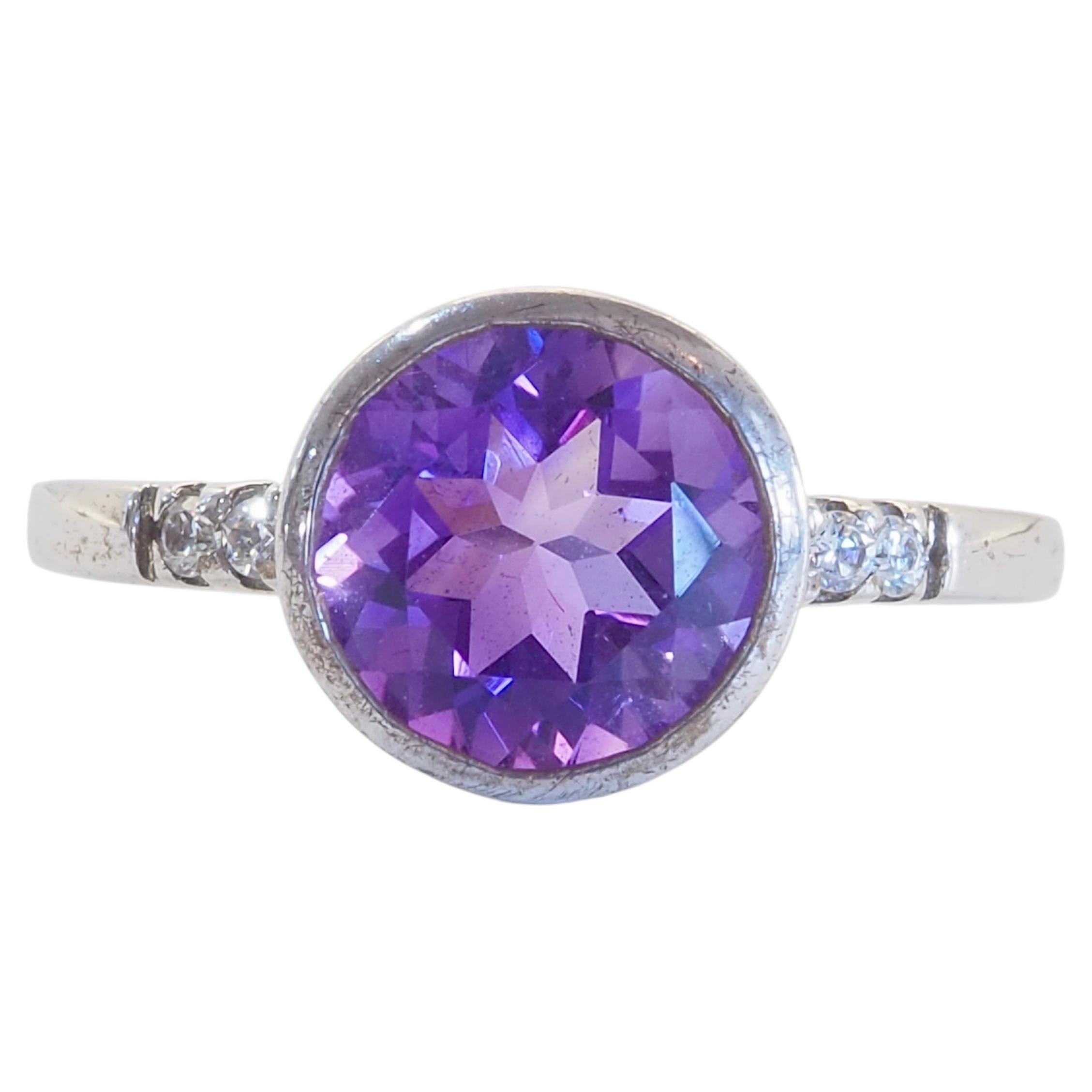 Vintage Sterling Silver 1.20ct Oval Amethyst and Quartz Halo Band Ring ...