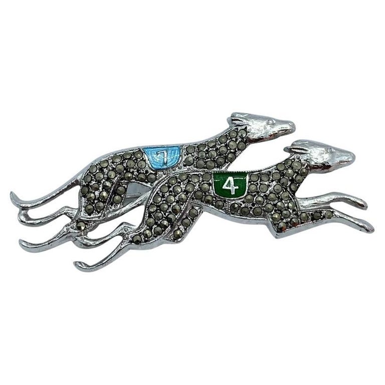 Vintage Sterling Silver 925 Marcasite Enamel Greyhound Dog Brooch For ...