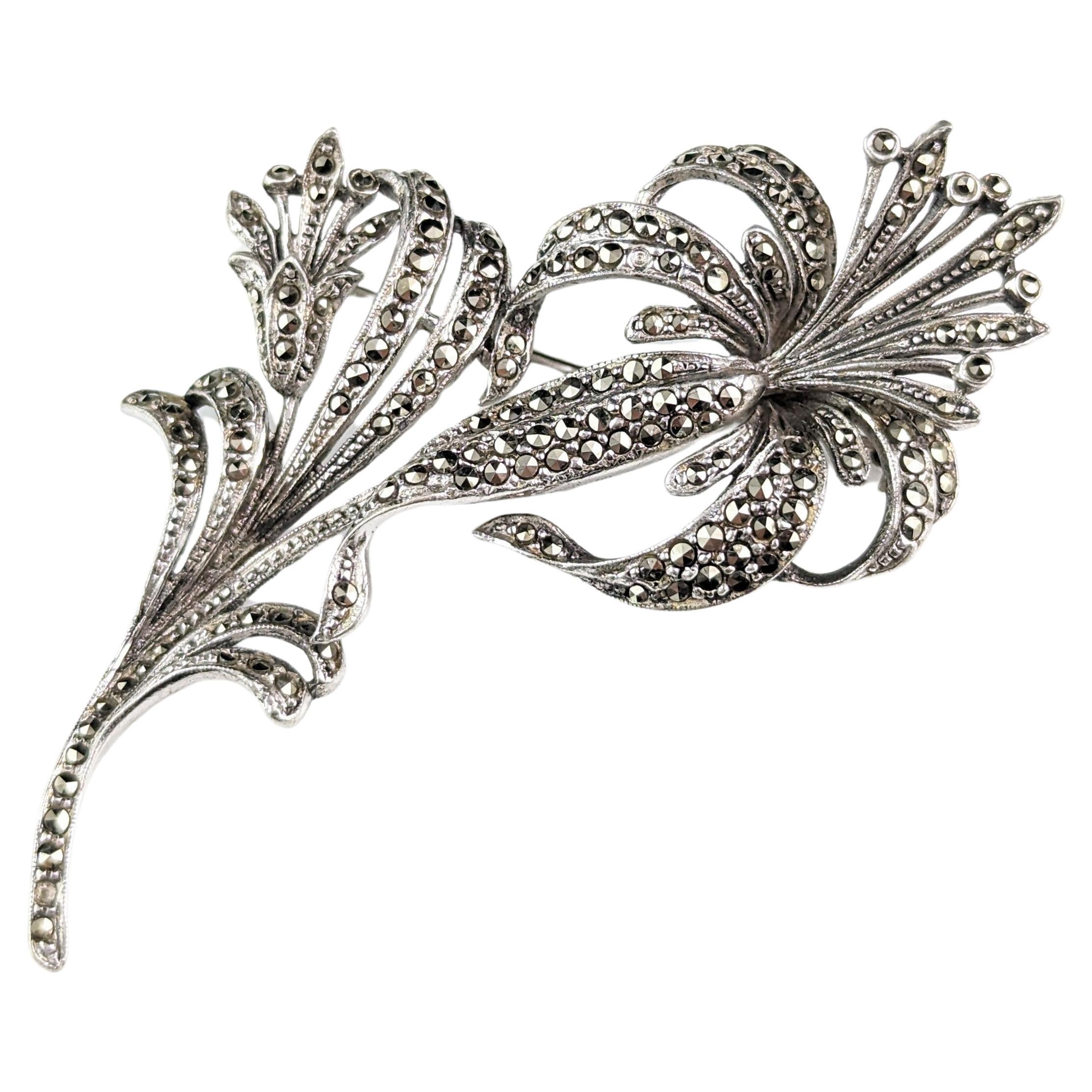 Vintage sterling silver and marcasite flower brooch, large For Sale at ...