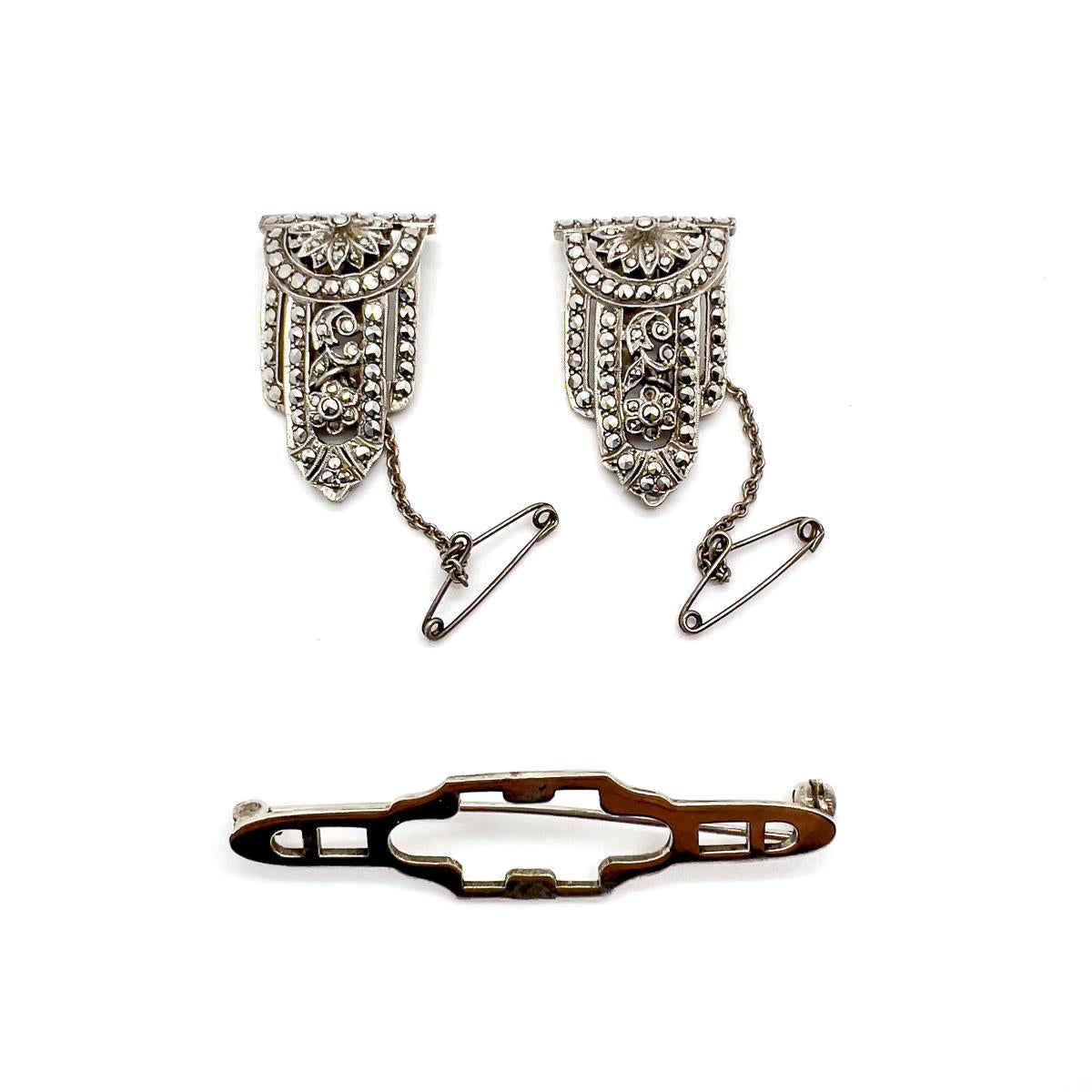 Vintage Sterling Silver Art Deco Marcasite Double Dress Clip Brooch ...