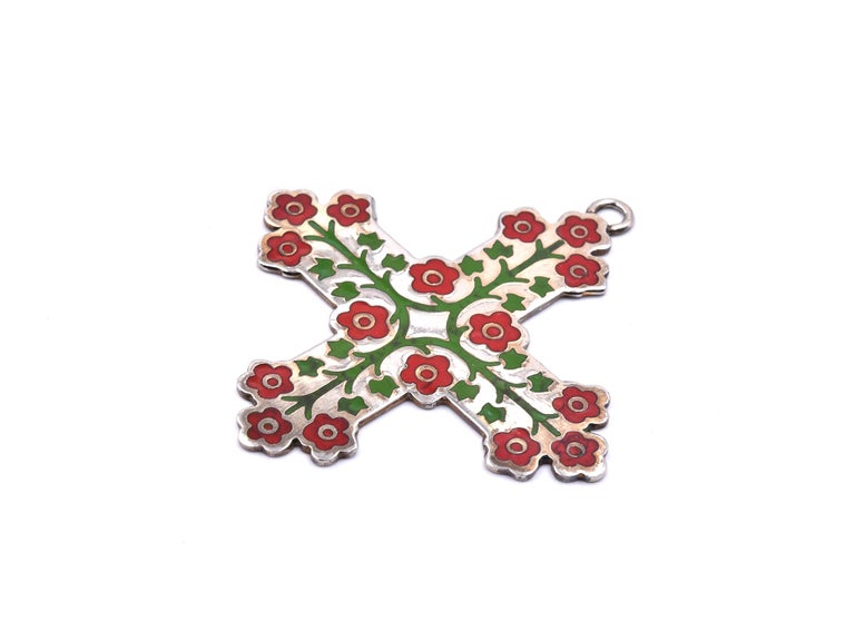 Vintage Sterling Silver Enamel Floral Cross Pendant For Sale at 1stDibs
