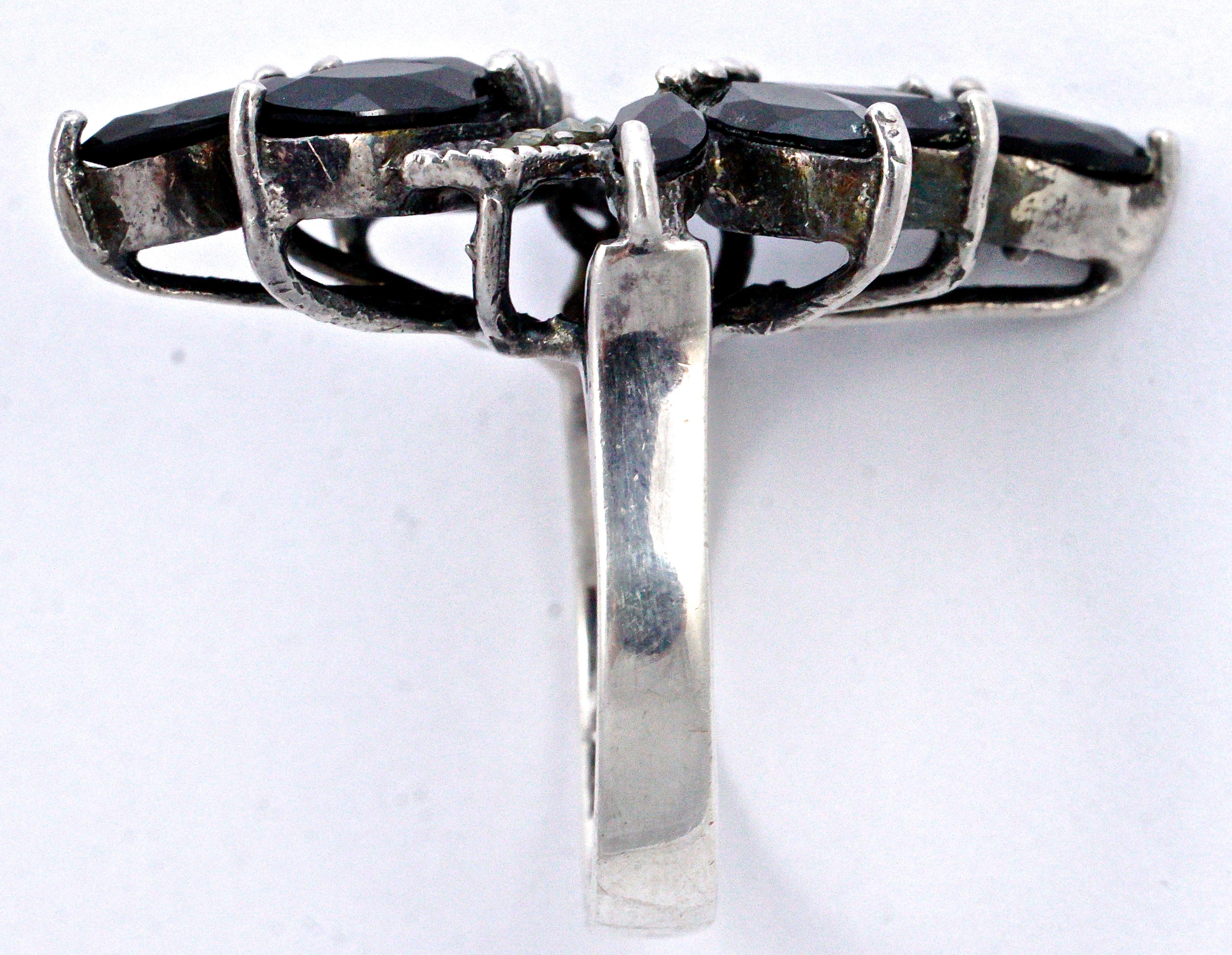 Vintage Sterling Silver Marcasite and Black Marquise Cut Glass ...