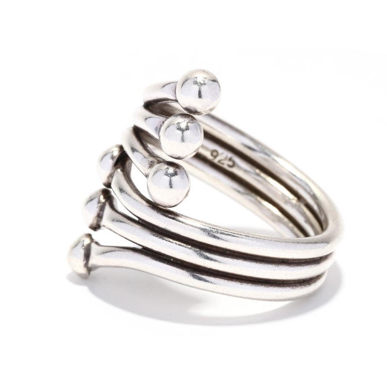 Vintage Sterling Silver Three Row Bypass Long Ring With Bead Accents ...