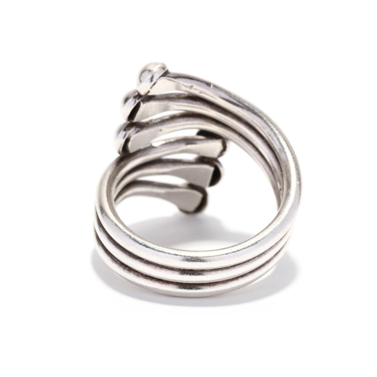 Vintage Sterling Silver Three Row Bypass Long Ring With Bead Accents ...